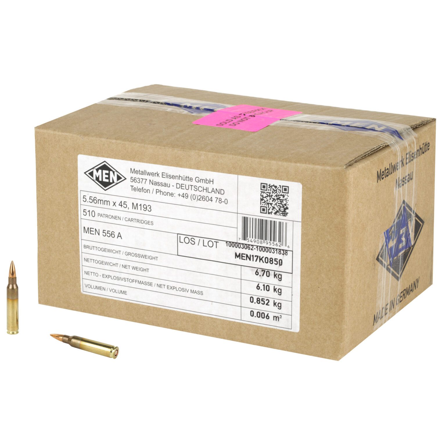 MEN 5.56mm NATO M193 55 Grain FMJ Ammunition 510 Round Case ...